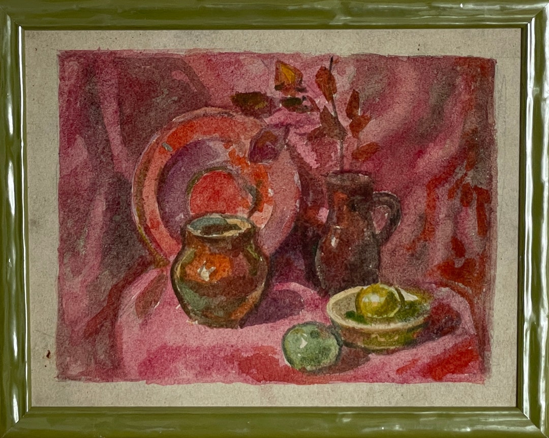 Vivid Expressionist Painting "red Still Life With Pottery", Original ...