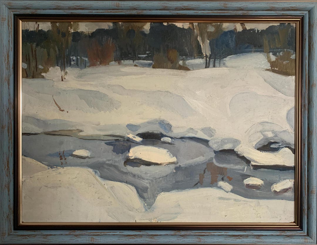 Bright Expressionism Oil Painting winter Stream Original Vintage Oil ...