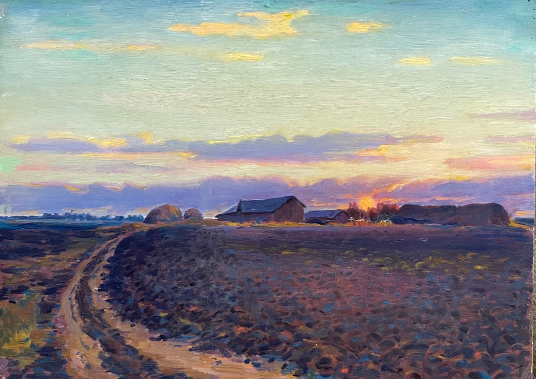 Beautiful Expressionist Oil Painting sunset on the Farm. Putivl ...