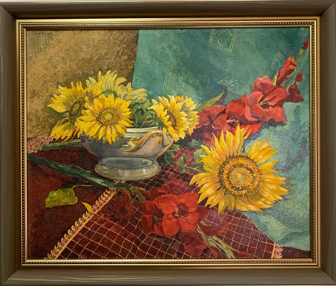 Bright Expressionist Painting “still Life With Sunflowers and Gladioli ...