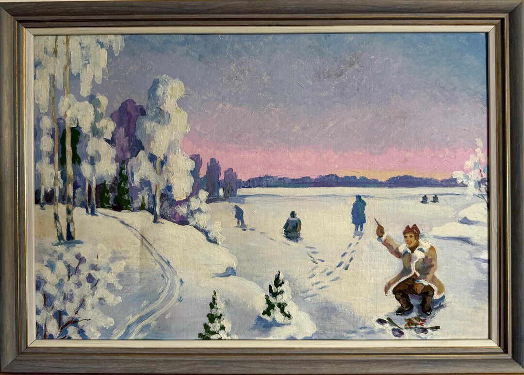 Bright Expressionism Oil Painting "winter Fishing" Original Vintage Oil ...