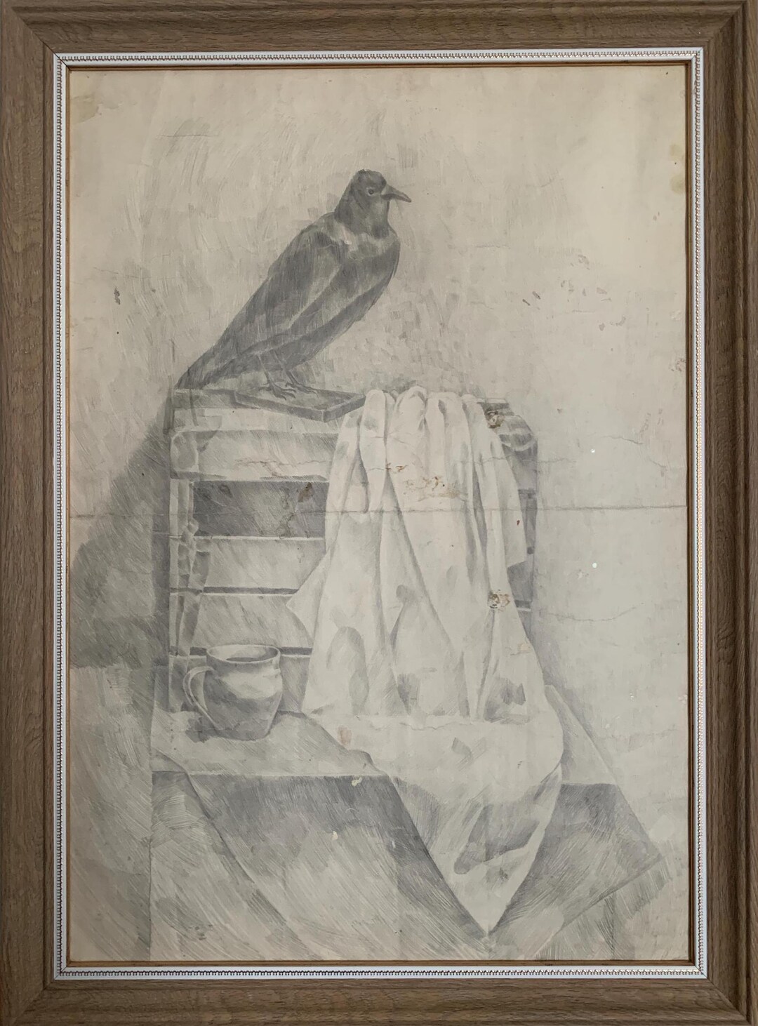 Bright Expressionism Pencil Painting "dove on a Box" Original Vintage ...