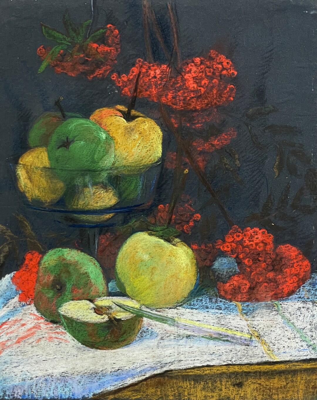 Bright Expressionist Pastel Painting still Life With Rowan Berries and ...