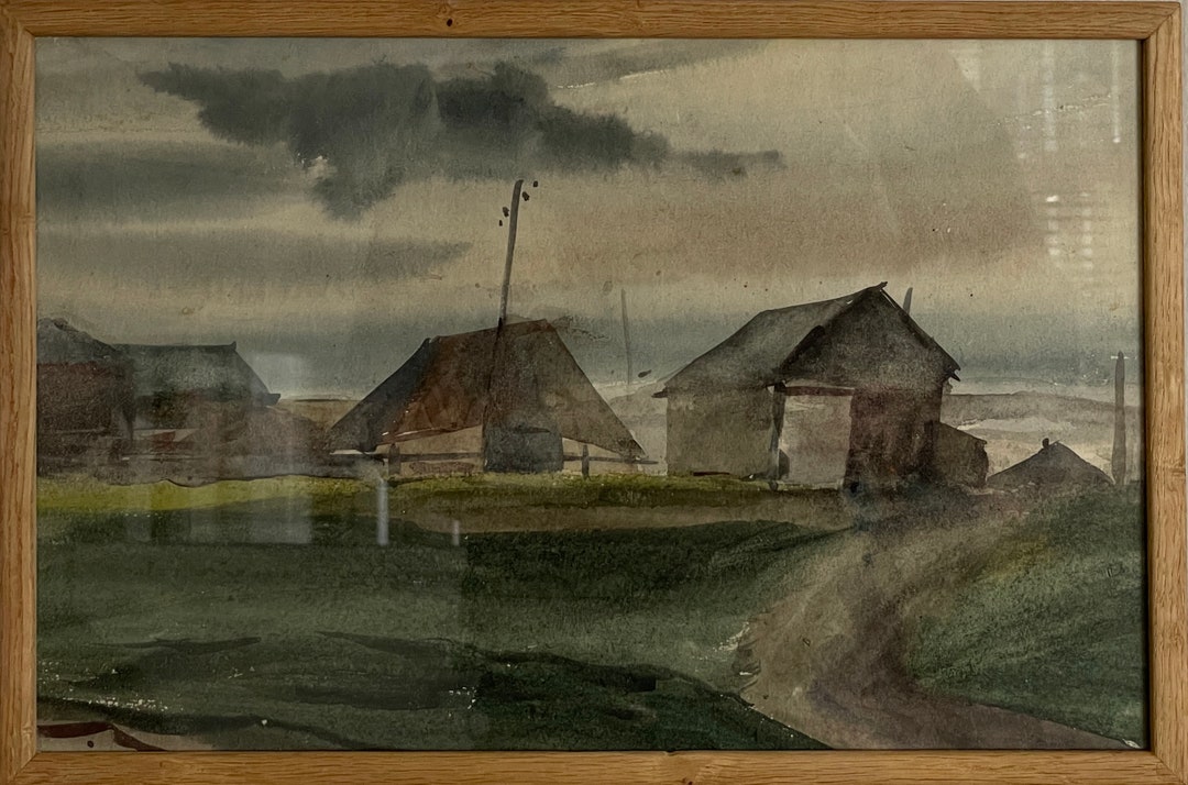 Petr Suponin village on the Shore Original Vintage Watercolor Classical ...
