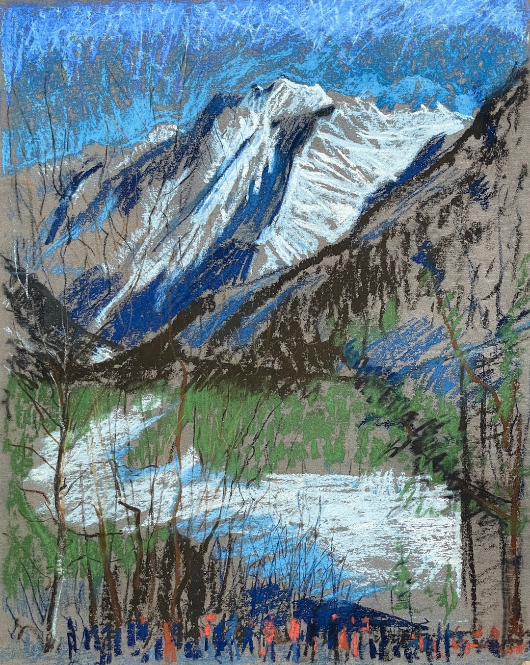 Bright Expressionist Pastel Painting walk Near the Mountain Peaks ...