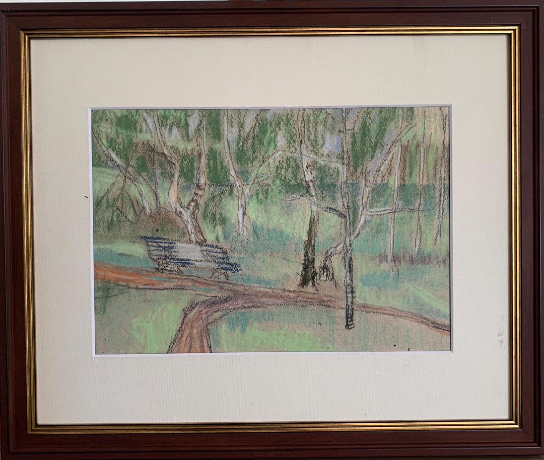 Bright Expressionism Pastel Painting "bench in the City Park of Glory ...