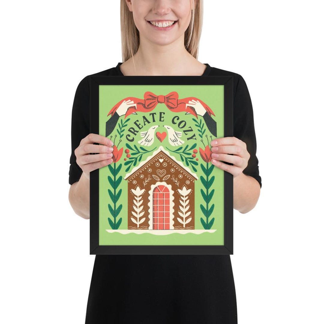 Vintage-inspired Gingerbread House Framed Art Print Folk Art Christmas ...