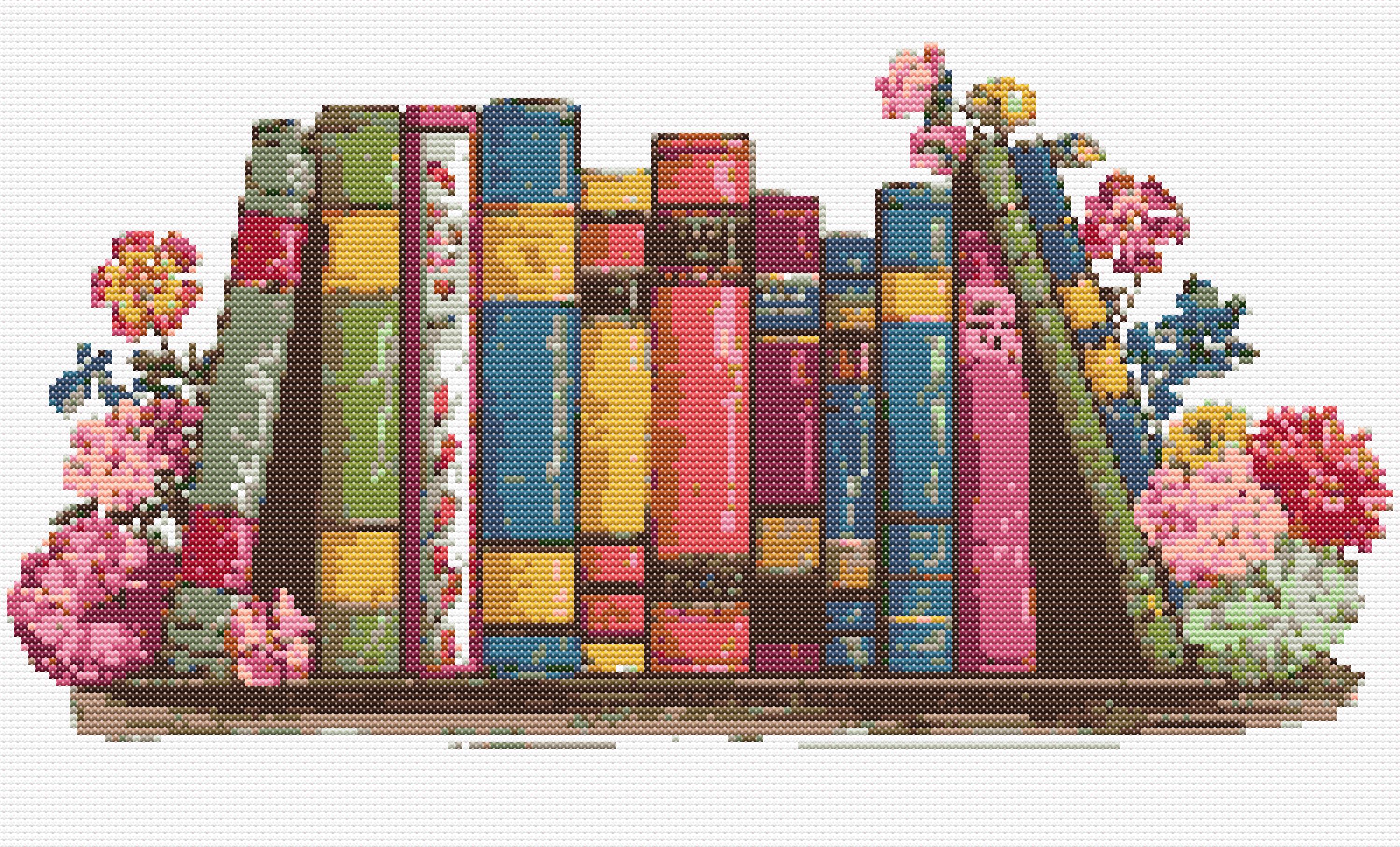 Cross Stitch Chart Shelf With Books and Flowers, PDF File, Simple Cross ...