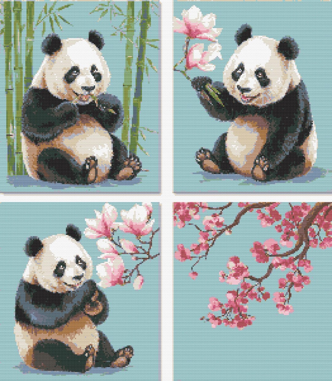 Cross Stitch Chart – Baby Giant Panda. Bamboo Bear. Cherry Blossoms ...