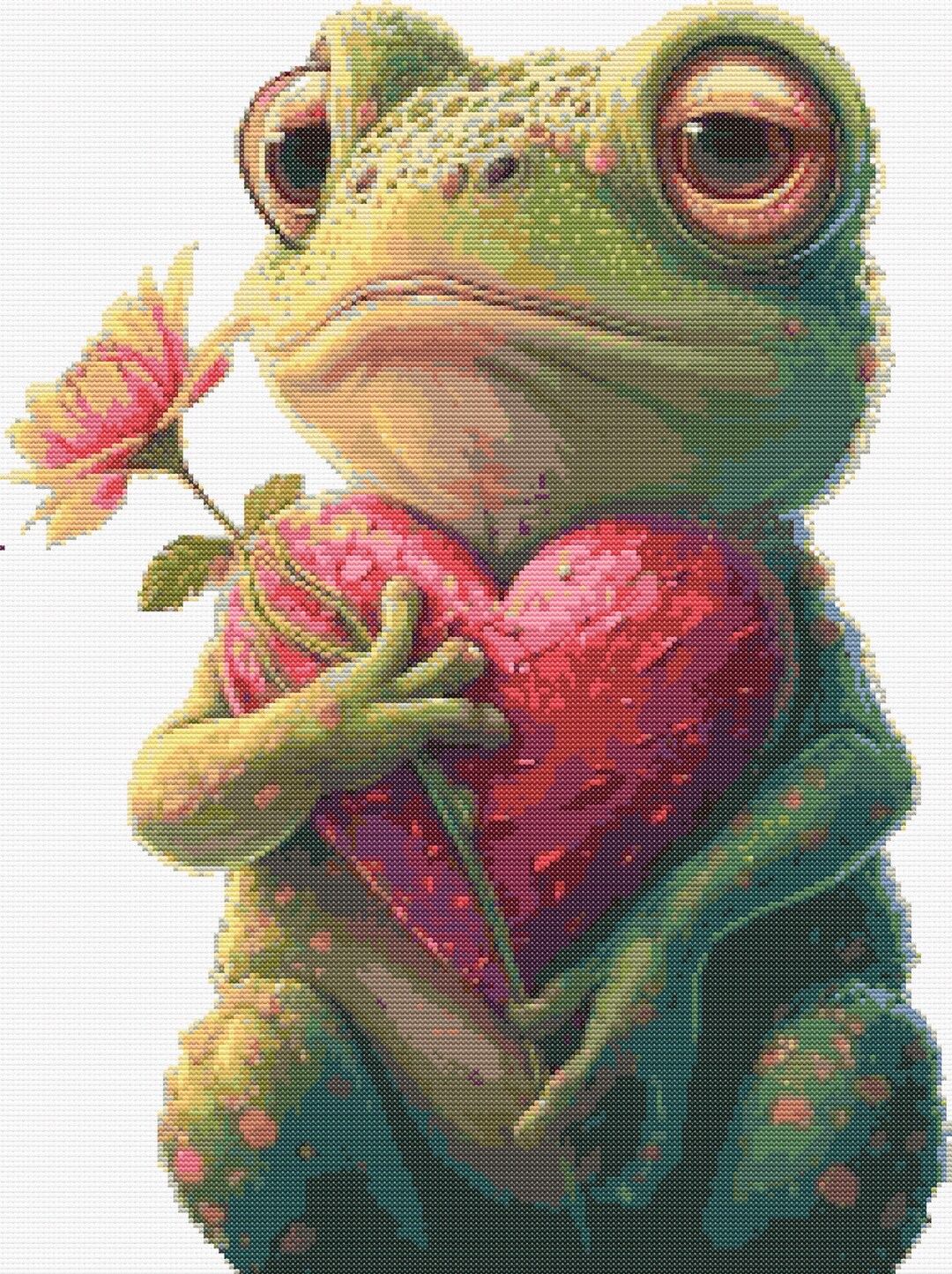 Cross Stitch Chart – Green Toad in Love With a Flower and a Big Heart ...