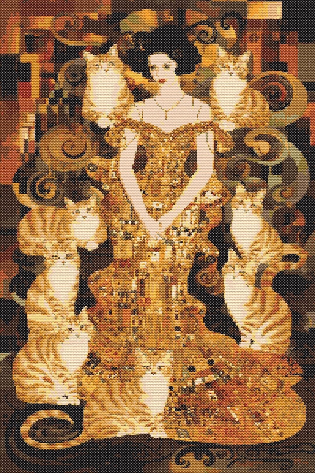 Cross Stitch Chart – Lady Girl With Orange Cats, Gold Gustav Klimt ...