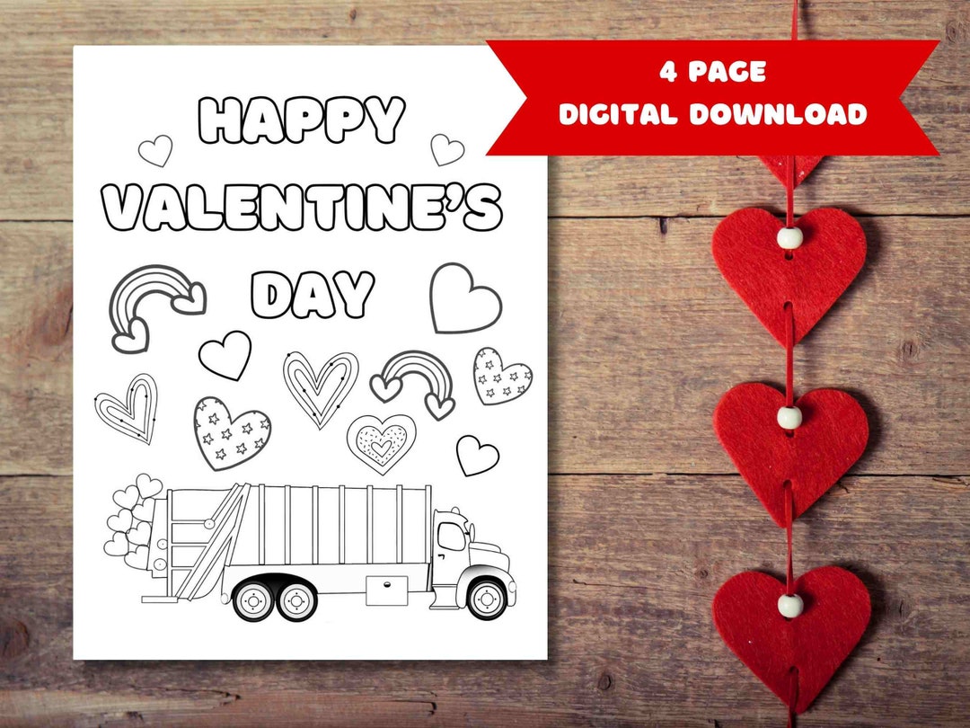 Garbage Truck Valentine Coloring Pages: Kids' Activity (PDF) - Etsy