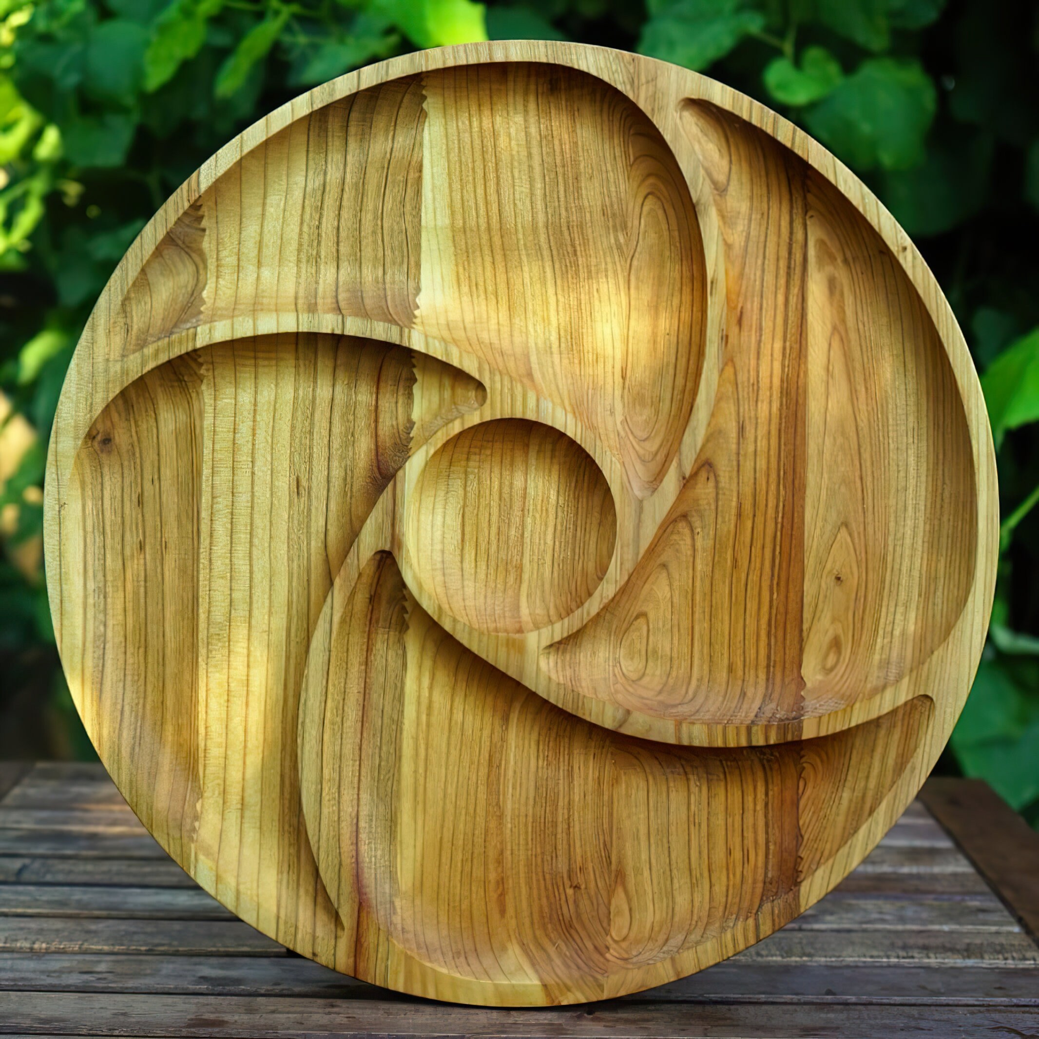 Set of Wooden Sectional Plates, Round Dish for Dinner, Serving Platter ...