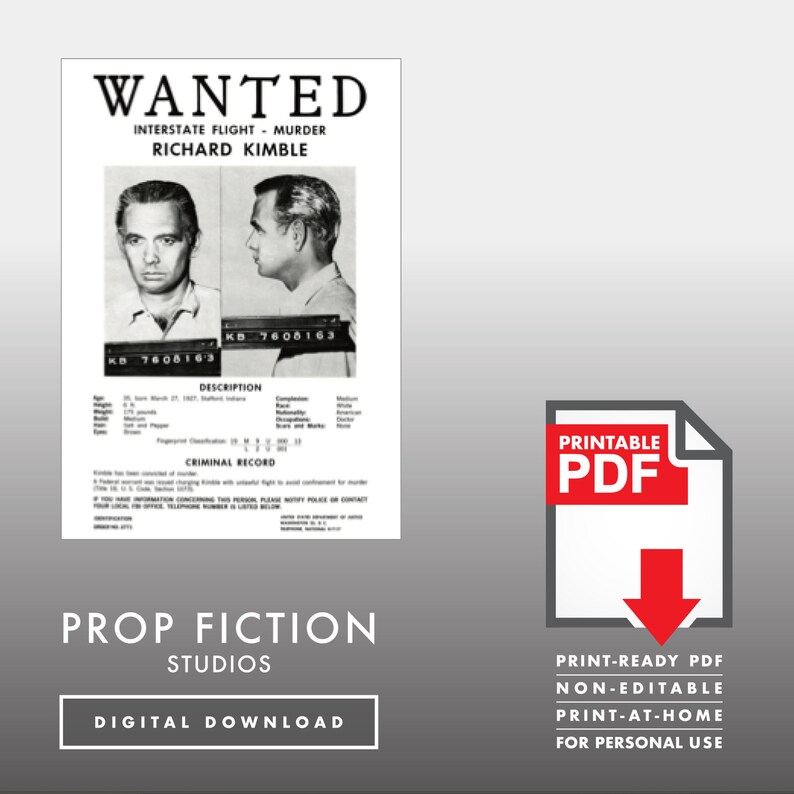 Kimble Wanted Poster: Printable PDF - Prop Kimble Wanted Poster / Flyer ...