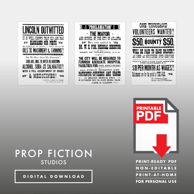 GWTW: Printable Pdfs - Set of 3 Prop Flyers / Civil War Set Dressing ...