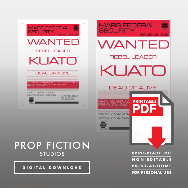Kuato Wanted Poster: Printable PDF - Prop Mars Federal Colonies Kuato ...