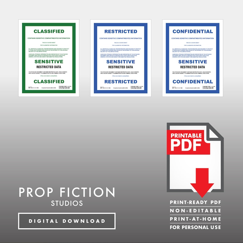 Top Secret Cover Sheet Set: Printable Pdfs - Set of 6 Prop Secret File ...
