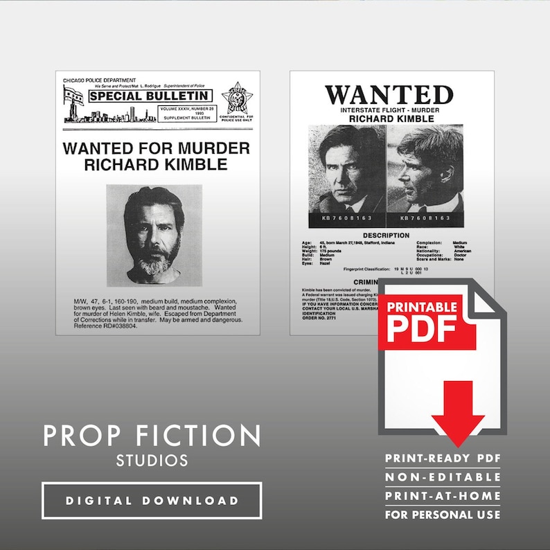 Kimble Poster: Printable Pdfs - Pair of Prop Kimble APB Wanted Posters ...