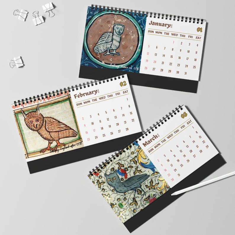 Desktop Calendar 2025 US&CA Version Funny Medieval Owl Paintings ...