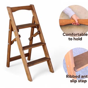 Handmade Stepladder, Natural Wood Folding 3-step Stepladder Portable ...