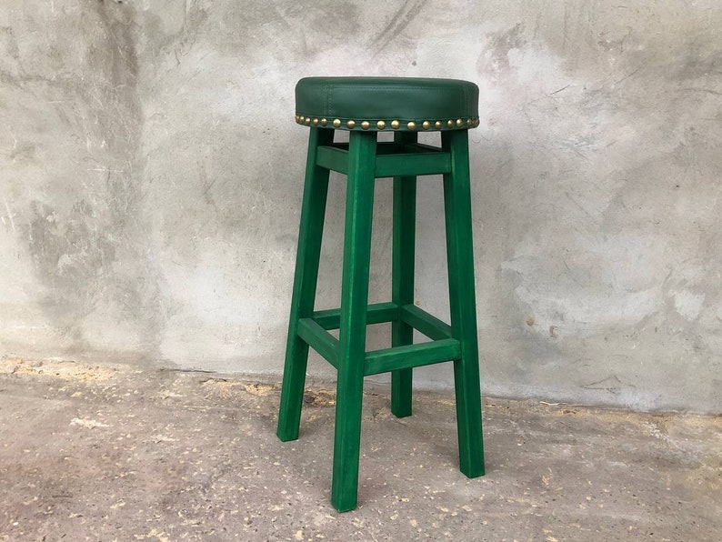 Country Style Stool With Soft Seat and Nails Round Cushioned Wooden Bar ...