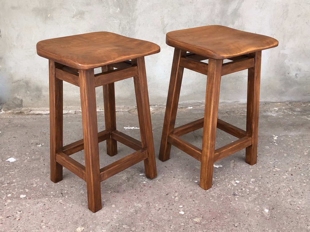 Vintage Style Wooden High Stool Smooth Seat, Body Shape Handcrafted ...