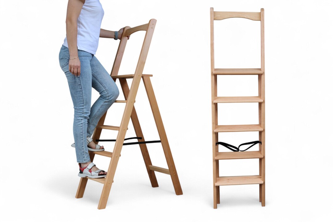 Tall Wooden Folding Step Ladder Natural Slim Stepladder With High ...