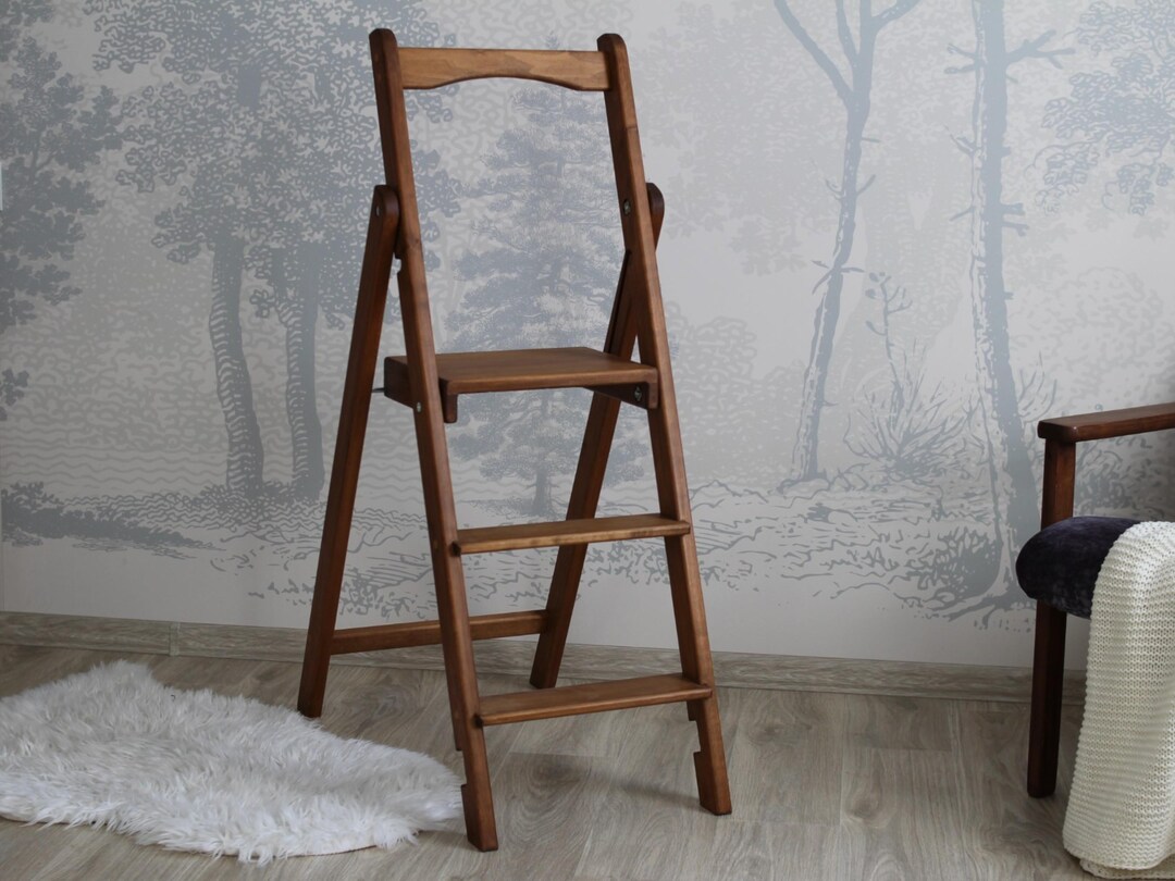 Natural Wood Folding Skinny Ladder for Kitchen or Library Wooden ...