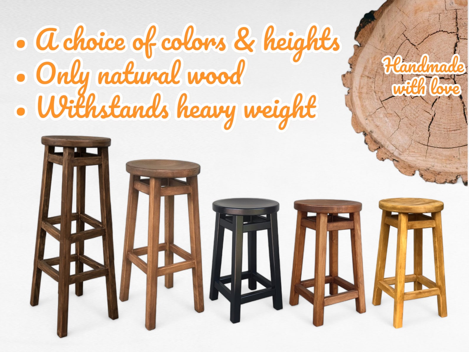 Black Rustic Wooden Bar Stool With Round Seat Handcrafted Sturdy and ...