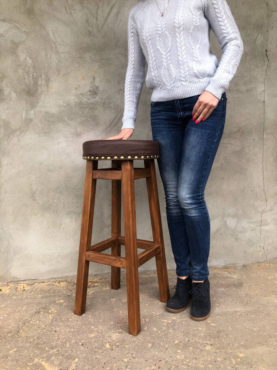 Round Cushioned Wooden Barstool Faux Leather Upholstery Irish Bar Stool ...