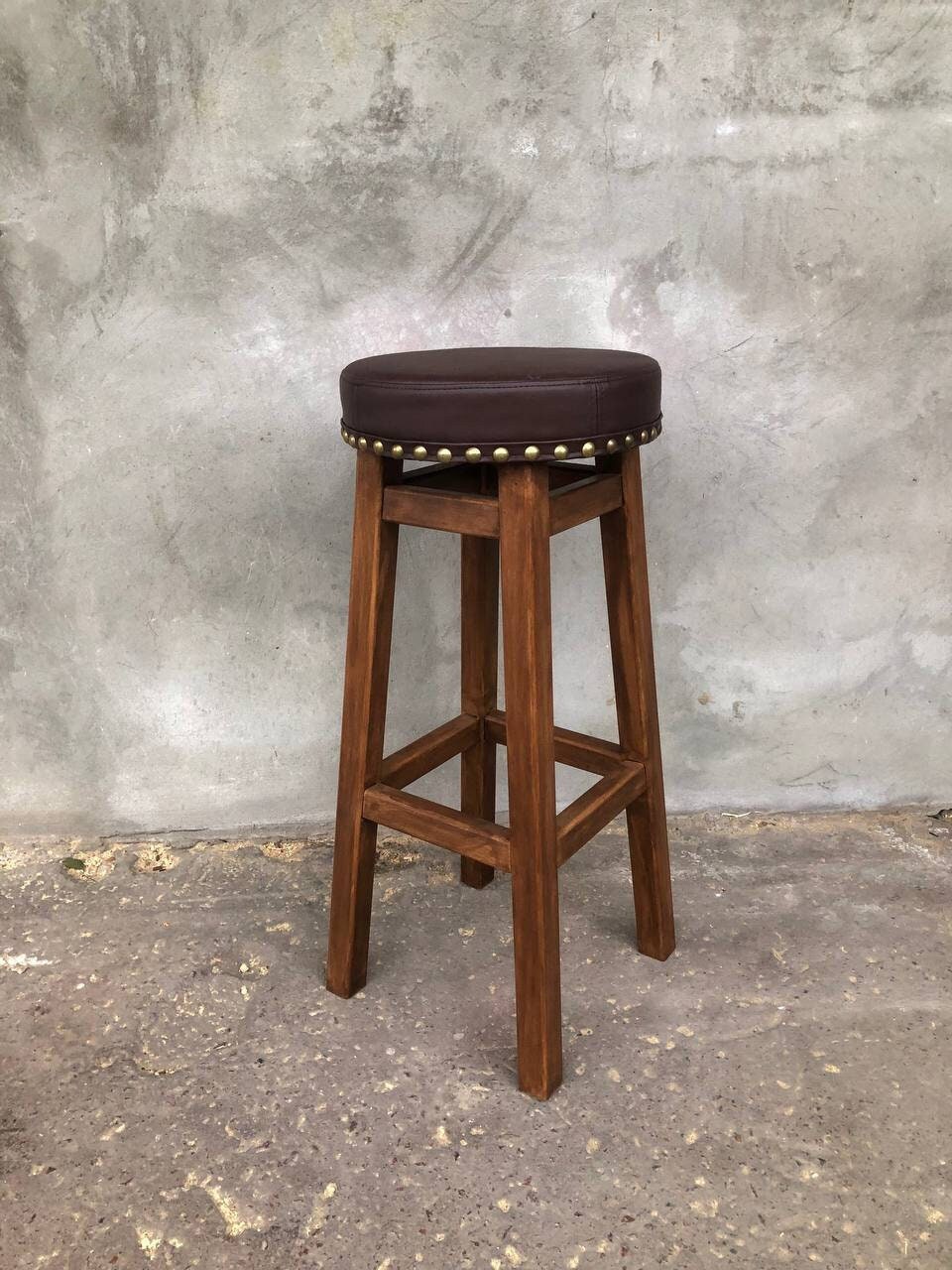 Country Style Stool With Soft Seat and Nails Round Cushioned Wooden Bar ...