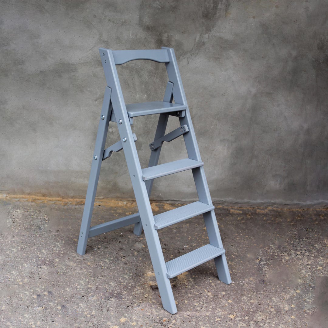 Gray Rustic Home Ladder Handmade Wooden Folding Step Ladder Durable ...