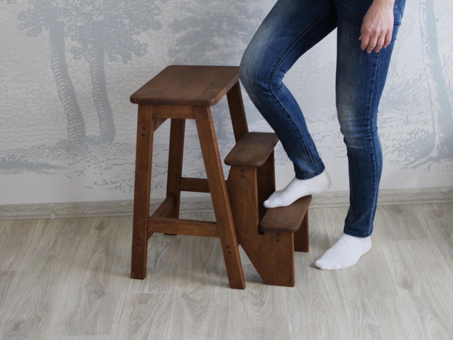 Vintage Brown Solid Wooden Folding Step Stool – Retro Stepladder, Seat ...