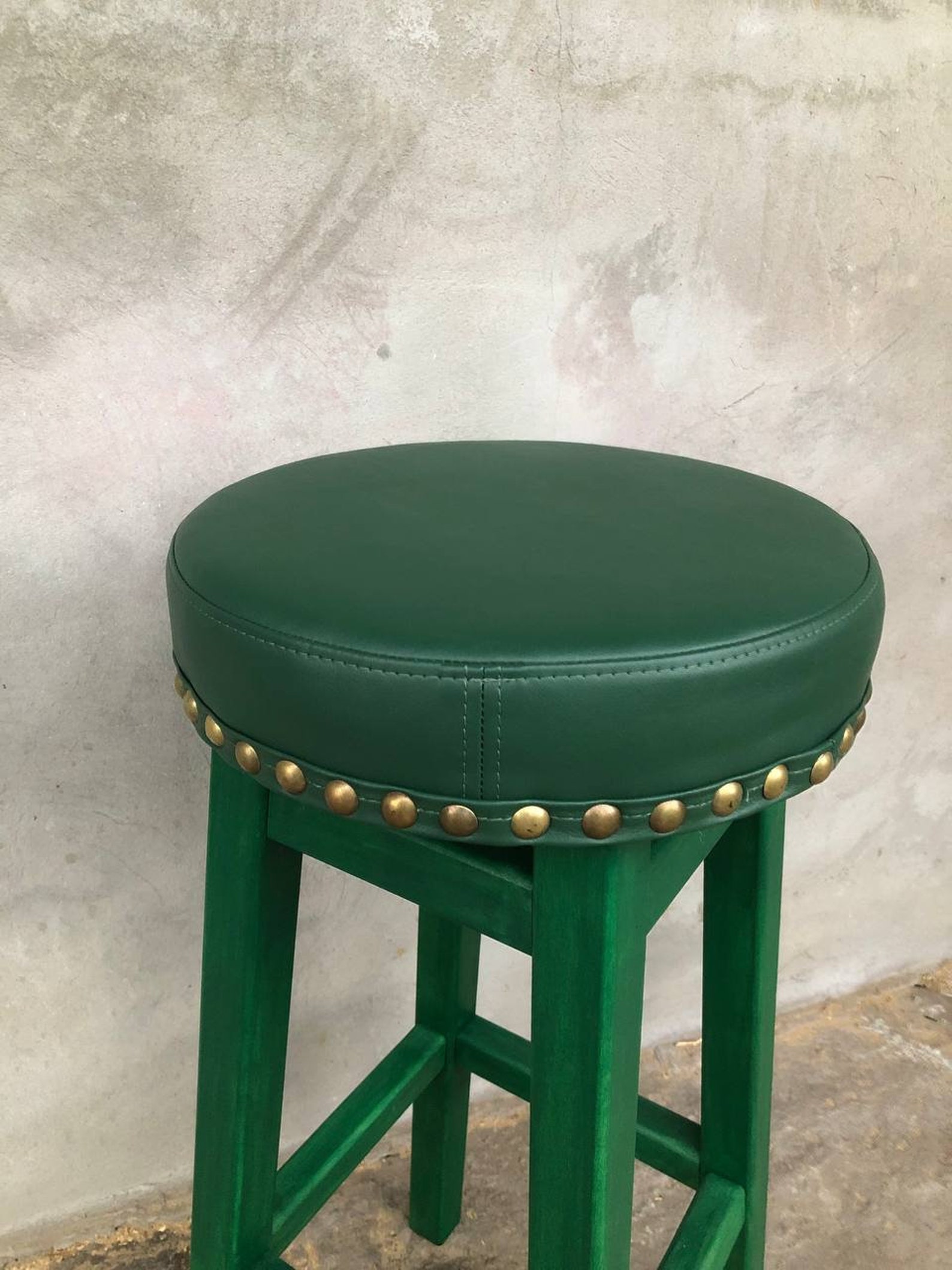 Country Style Stool With Soft Seat and Nails Round Cushioned Wooden Bar ...