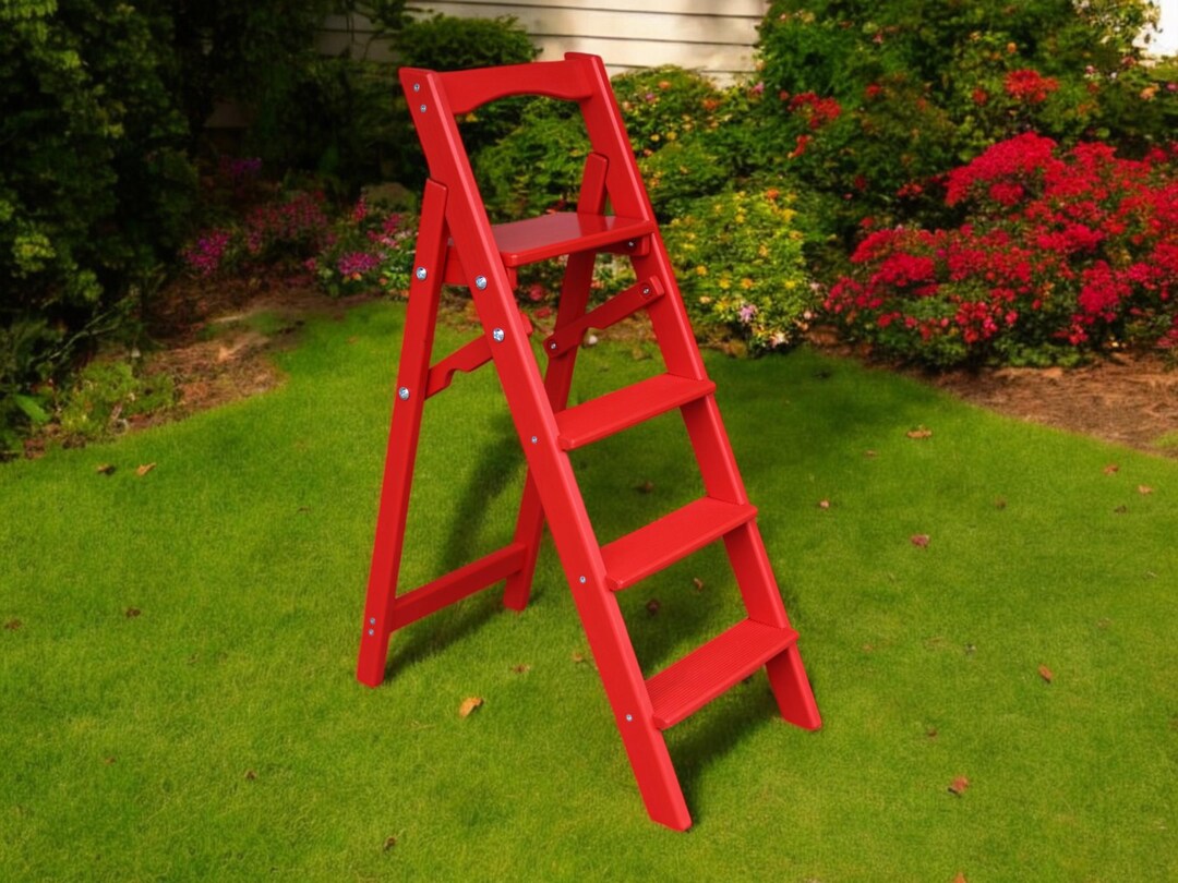 Red Natural Wood Folding Ladder for Kitchen, Library Wooden Stepladder ...
