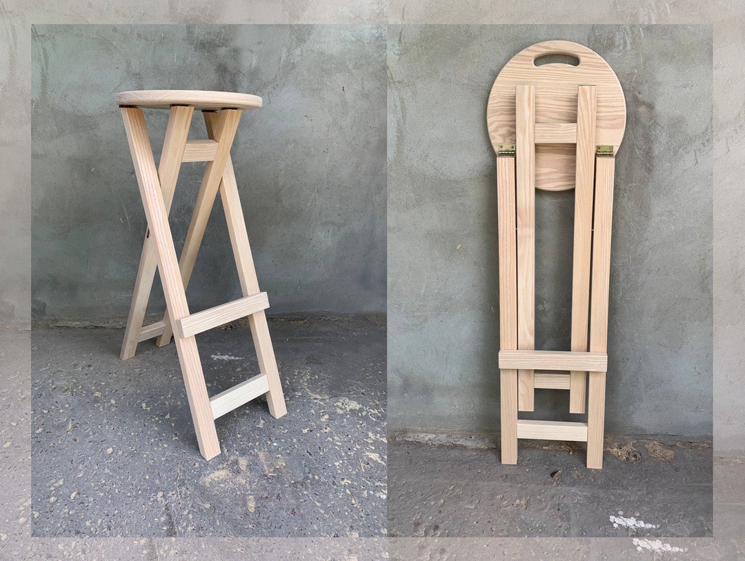 Ash Round Wooden Folding Stool, Foldable Wooden Stool With Circular ...