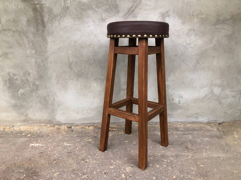 Country Style Stool With Soft Seat and Nails Round Cushioned Wooden Bar ...