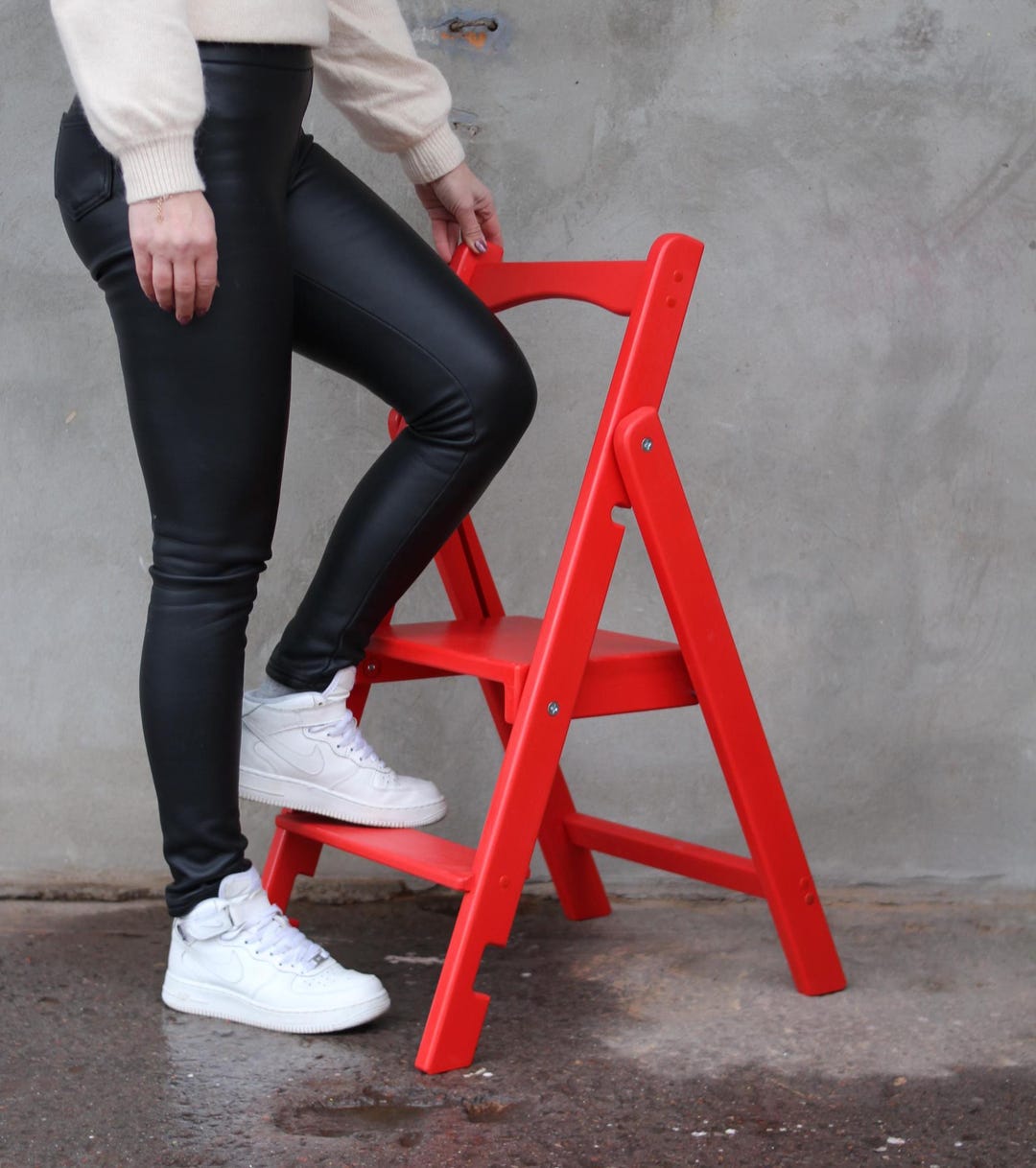 Red Wooden Folding Ladder – 2 Step Solid Wood Step Stool | Compact ...