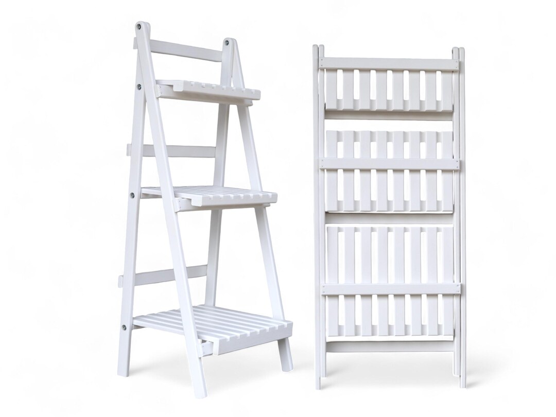 White Foldable Multi-tier Wooden Flower Rack Ladder Shelf for Flowers ...