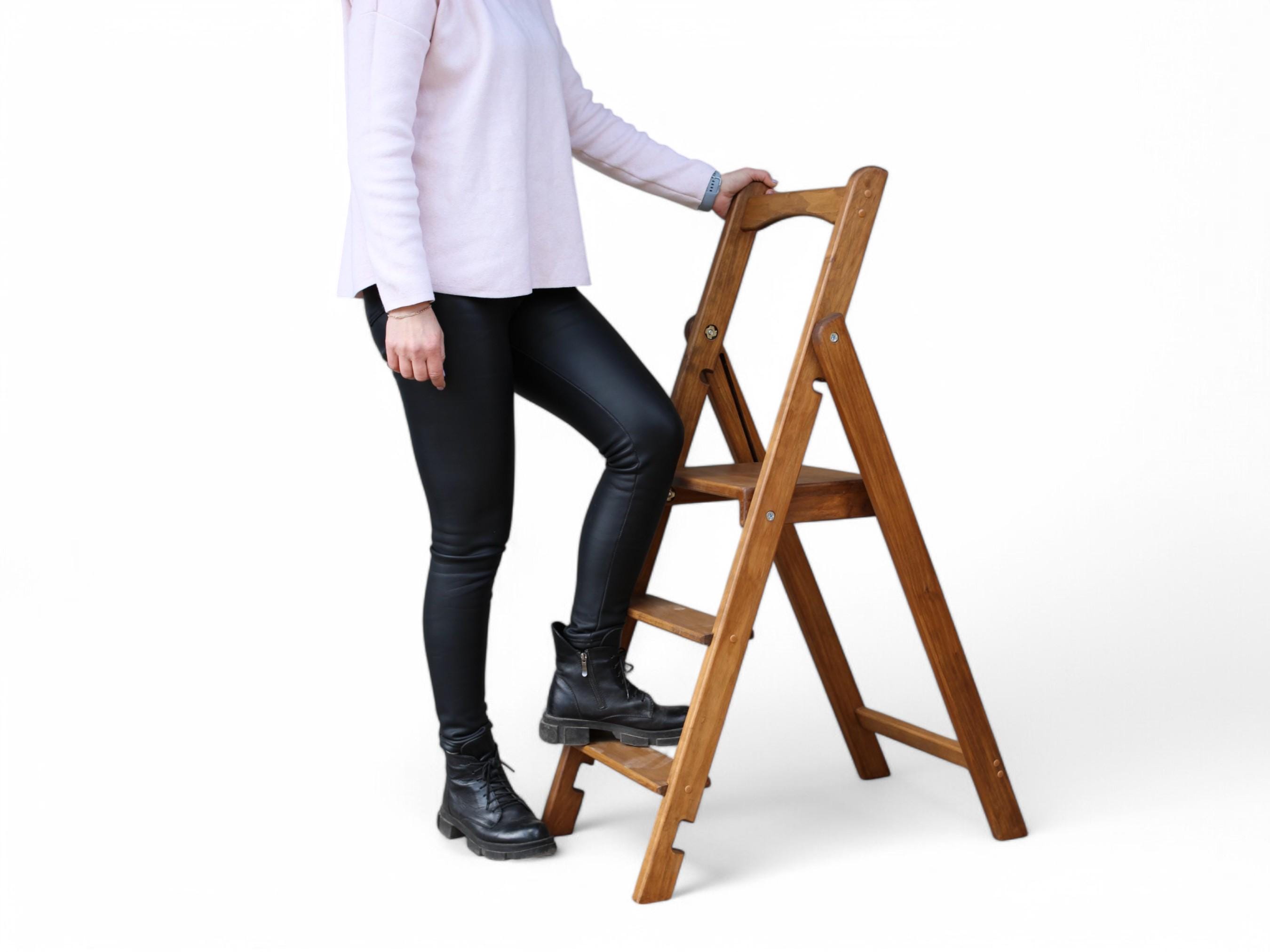 Natural Wood Folding Thin Ladder for Kitchen or Library Wooden ...