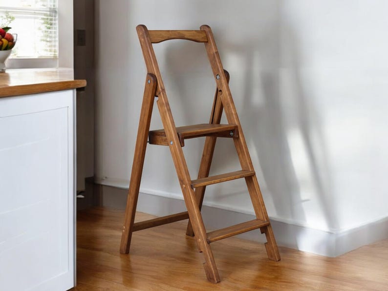 Natural Wood Folding Thin Ladder for Kitchen or Library Wooden ...