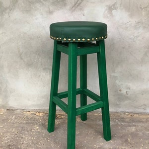 Country Style Stool With Soft Seat and Nails Round Cushioned Wooden Bar ...