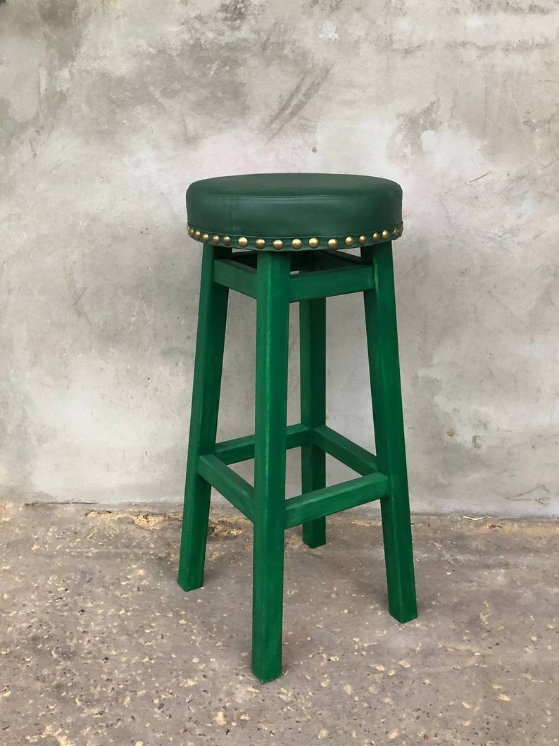 Country Style Stool With Soft Seat and Nails Round Cushioned Wooden Bar ...