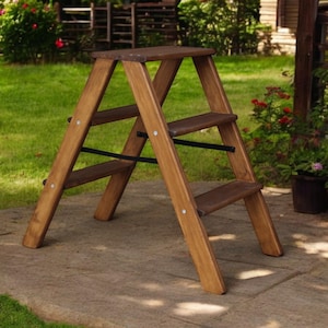 Brown Natural Wood Folding Small Ladder for Kitchen or Library Wooden ...