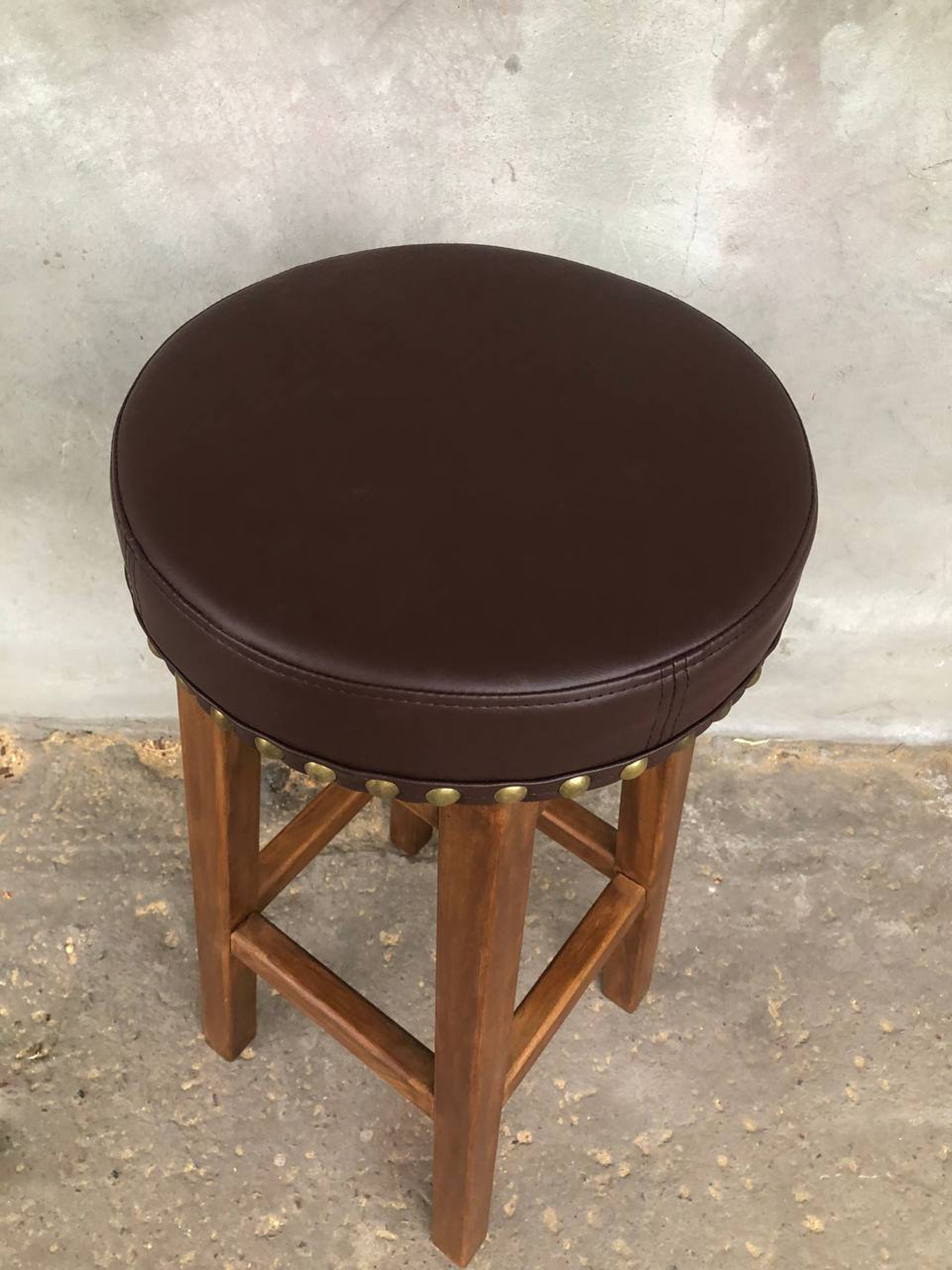 Country Style Stool With Soft Seat and Nails Round Cushioned Wooden Bar ...