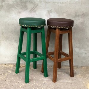 Country Style Stool With Soft Seat and Nails Round Cushioned Wooden Bar ...