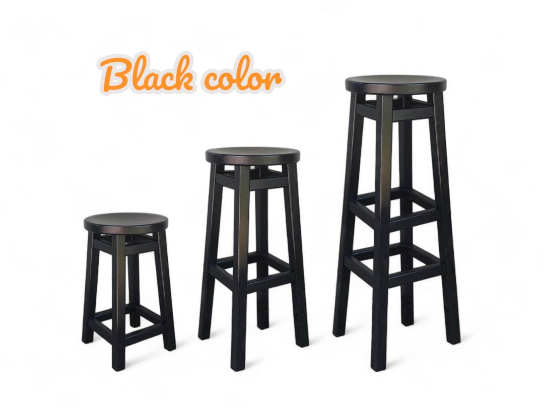 Black Rustic Wooden Bar Stool With Round Seat Handcrafted Sturdy and ...