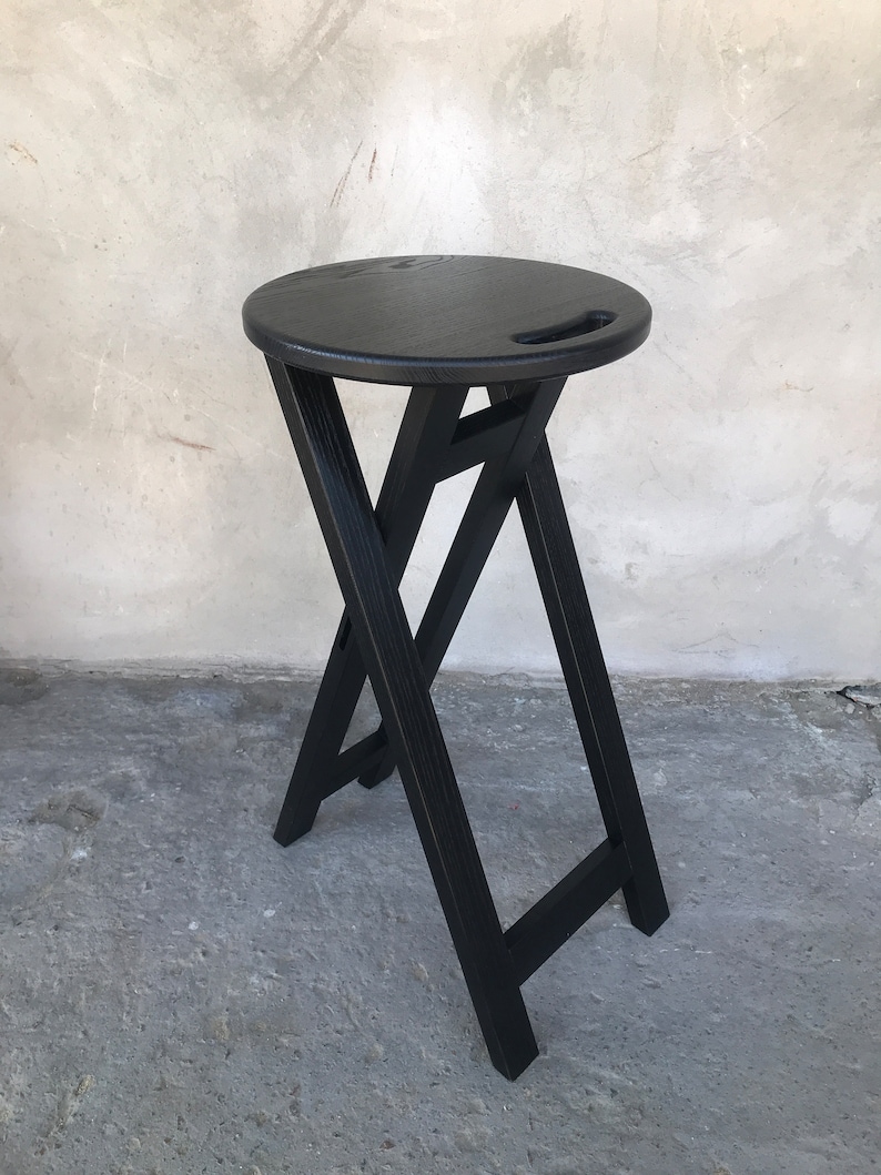Gray Foldable Wooden Stool With Circular Seat and Handle Portable and ...