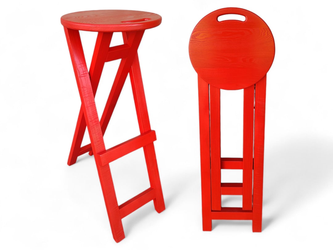 Red Solid Wooden Folding Stool With Circular Seat Foldable Handle ...