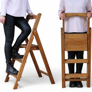 Slim Folding Wooden Step Ladder – 3-step Solid Wood Stepladder Compact ...